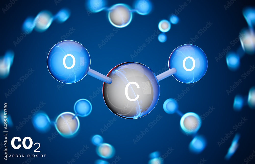 3D model of carbon dioxide (CO2) molecule. Two atoms of oxygen and one ...