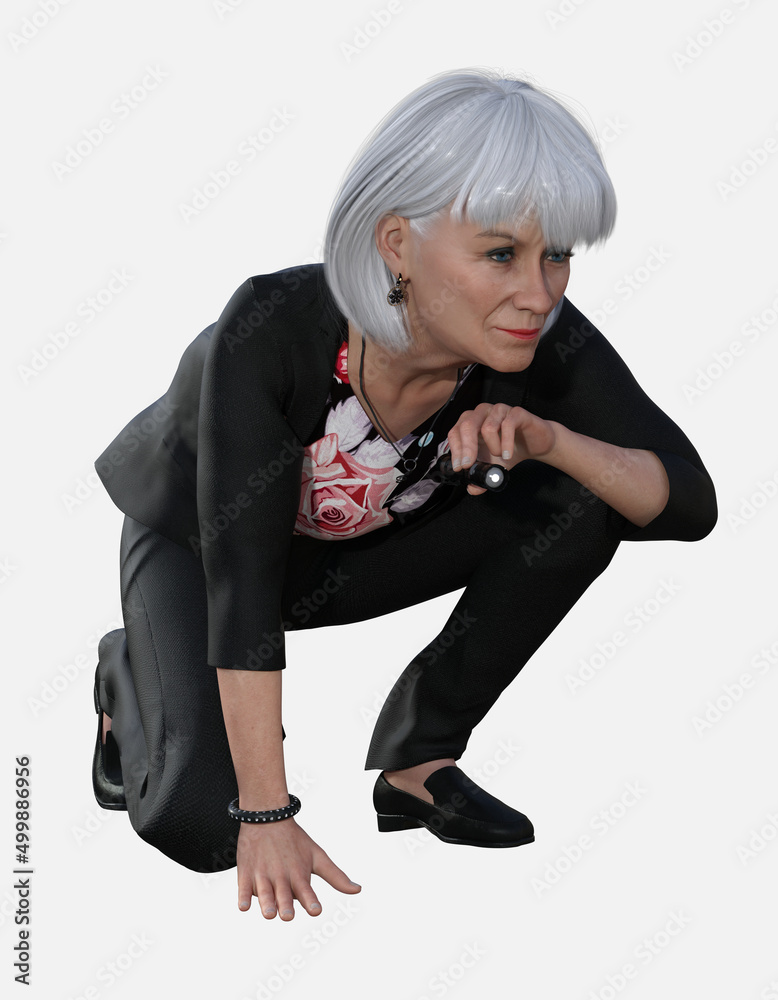 Susan is an on-the-go white-haired woman standing on an isolated white ...