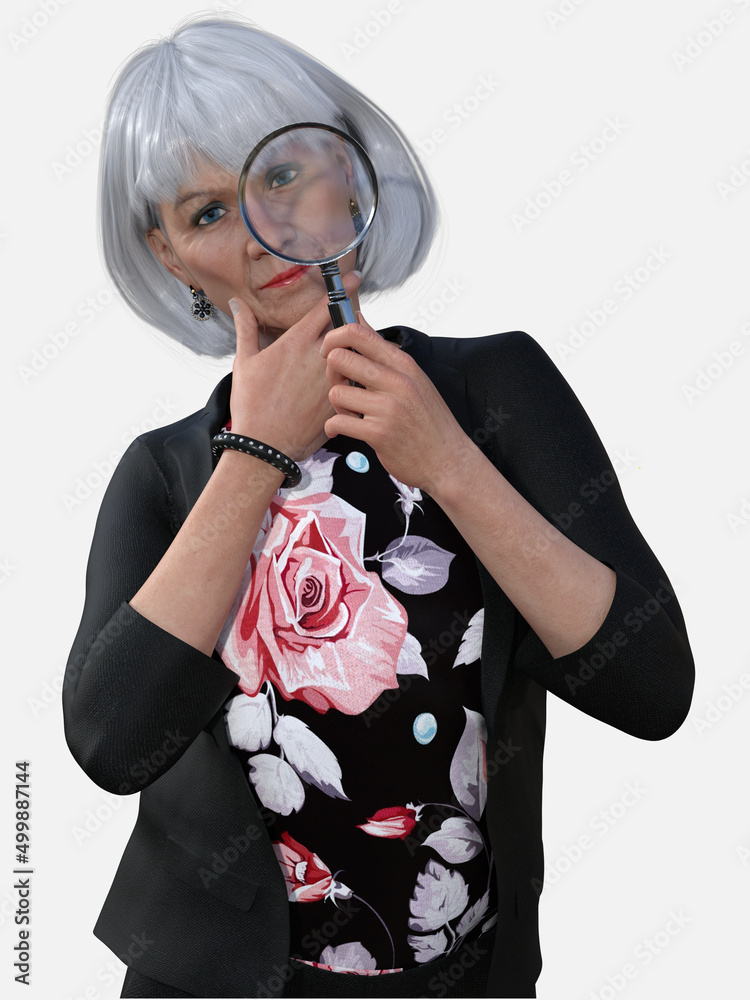 Susan is an on-the-go white-haired woman standing on an isolated white ...