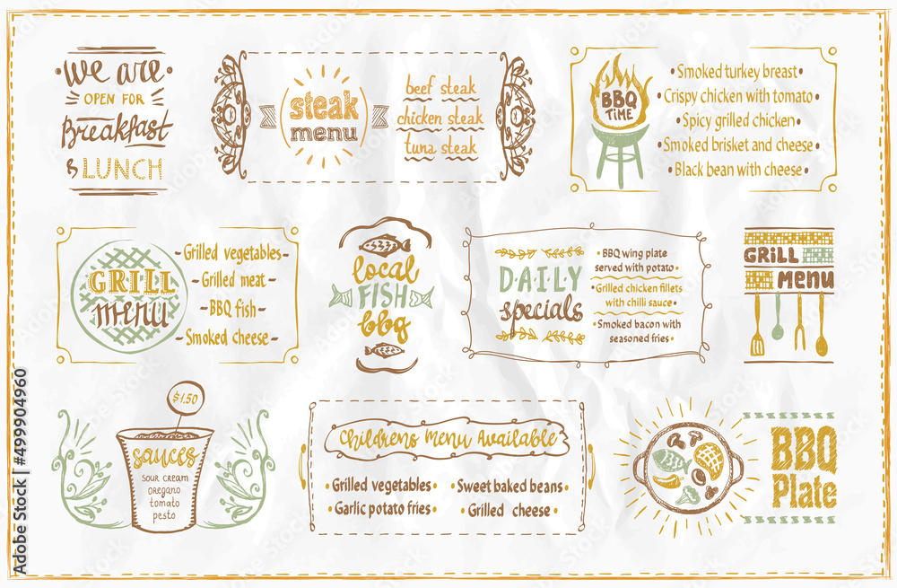 Barbecue menu template, menu board with BBQ symbols and dishes ...