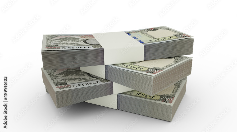 3d rendering of Stack of Nepalese rupee notes. Few bundles of Nepalese ...