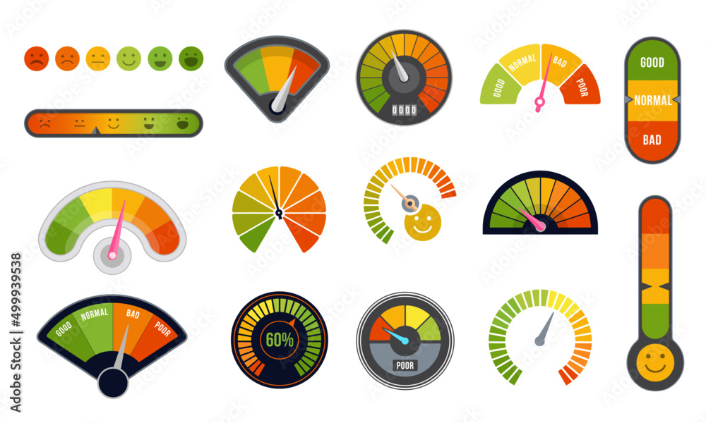 Customer satisfaction meter set. Vector quality indicator and business ...