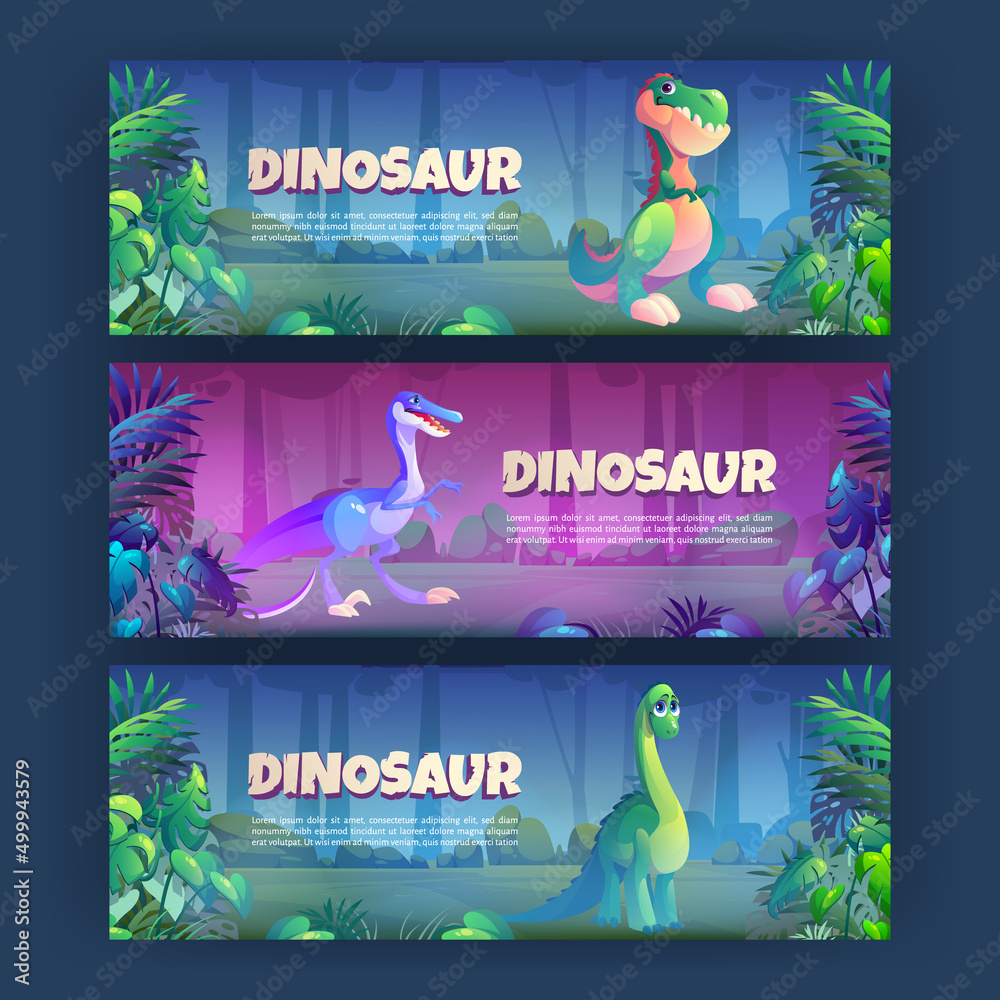 Cartoon banners with dinosaurs brontosaurus, tyrannosaurus rex and ...