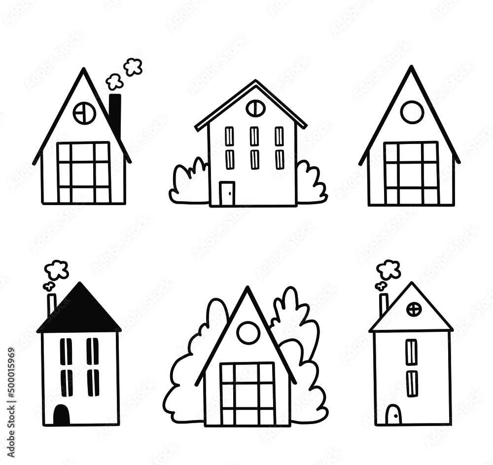 Hand drawn cartoon vector doodle set house in black and white ...