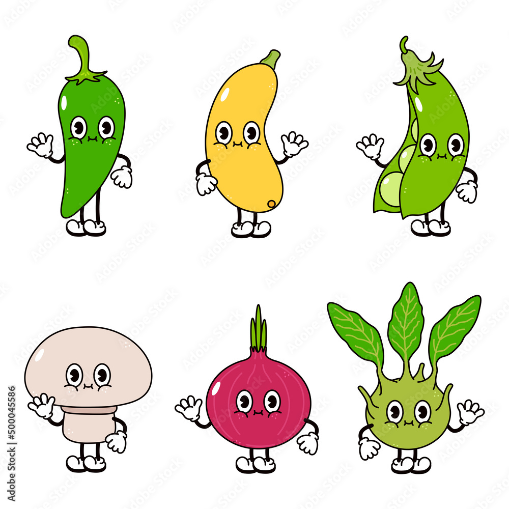Funny cute happy vegetables characters bundle set. Vector hand drawn ...