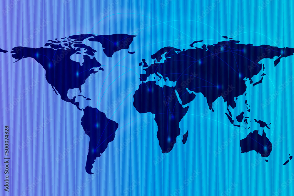Double exposure world map and connection line with blue line texture ...