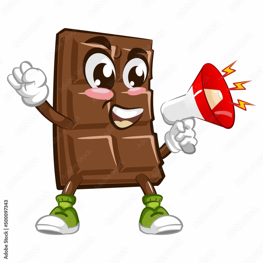 Cute chocolate bar character with funny face out loud with loudspeaker ...