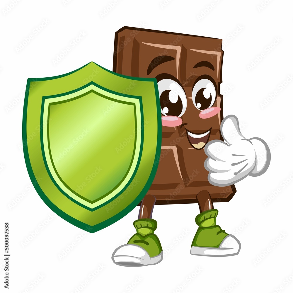 Cute chocolate bar character with funny face with shield , cartoon ...