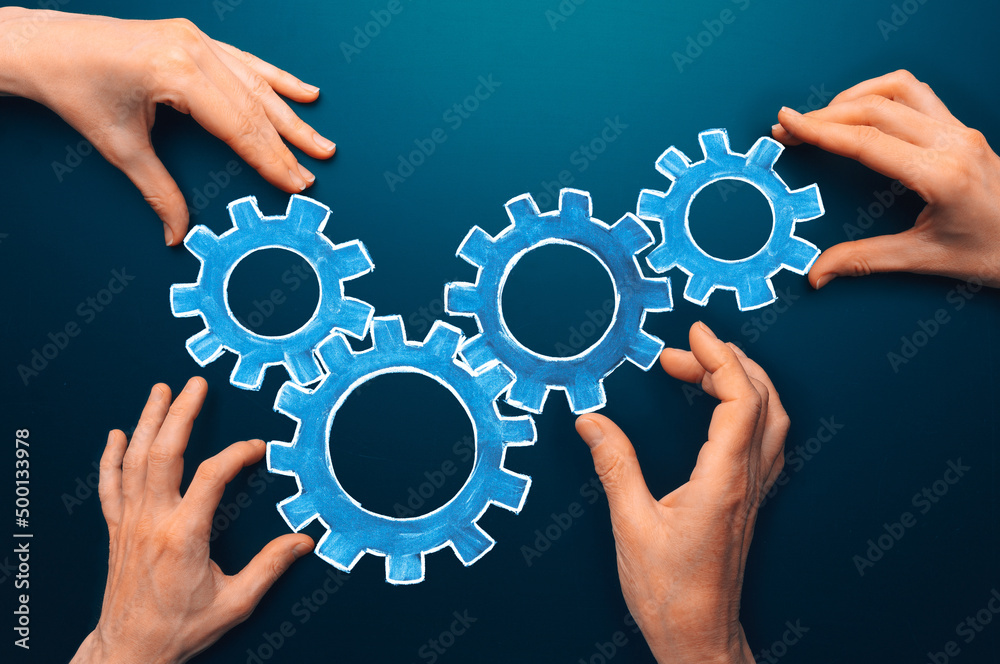Teamwork concept. team connects gear parts. Idea of partnership ...