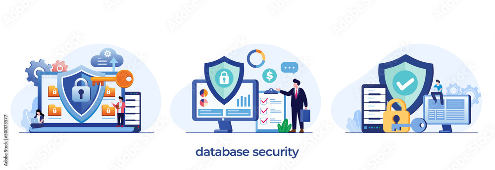 database security, data center, programming, engineer, technology, secure and protection flat ...