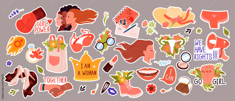 Beauty and fashion stickers for women with support phrases set vector ...