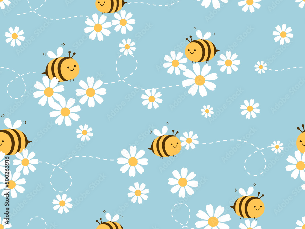 Seamless pattern with daisy flower and bee cartoons on blue background ...