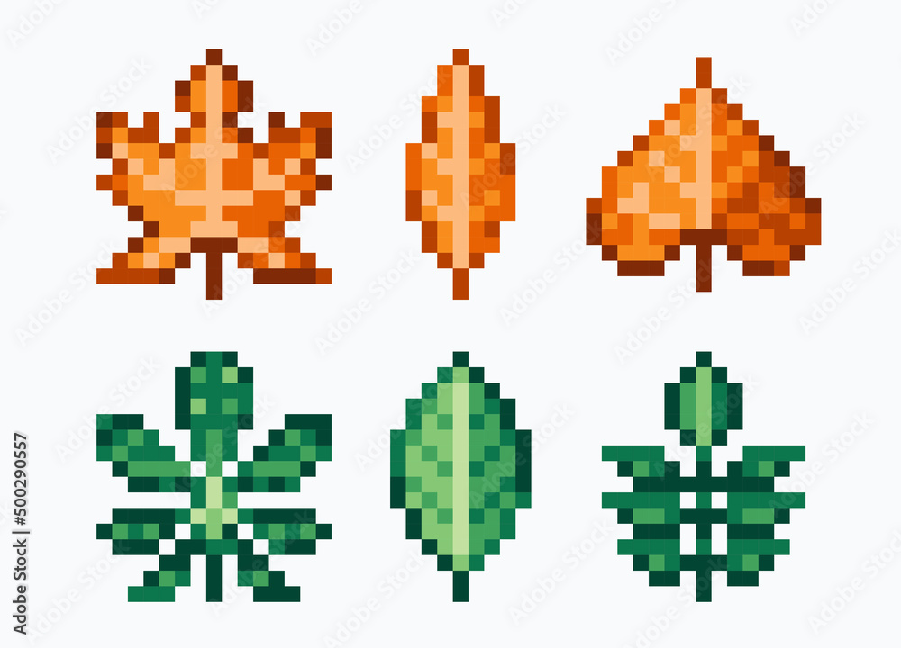 Tree leaves pixel art set. Plant foliage collection. 8-bit sprite. Game ...
