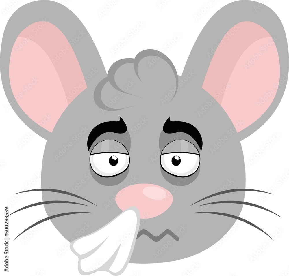 Vector illustration of the face of a cartoon mouse with the flu and a ...