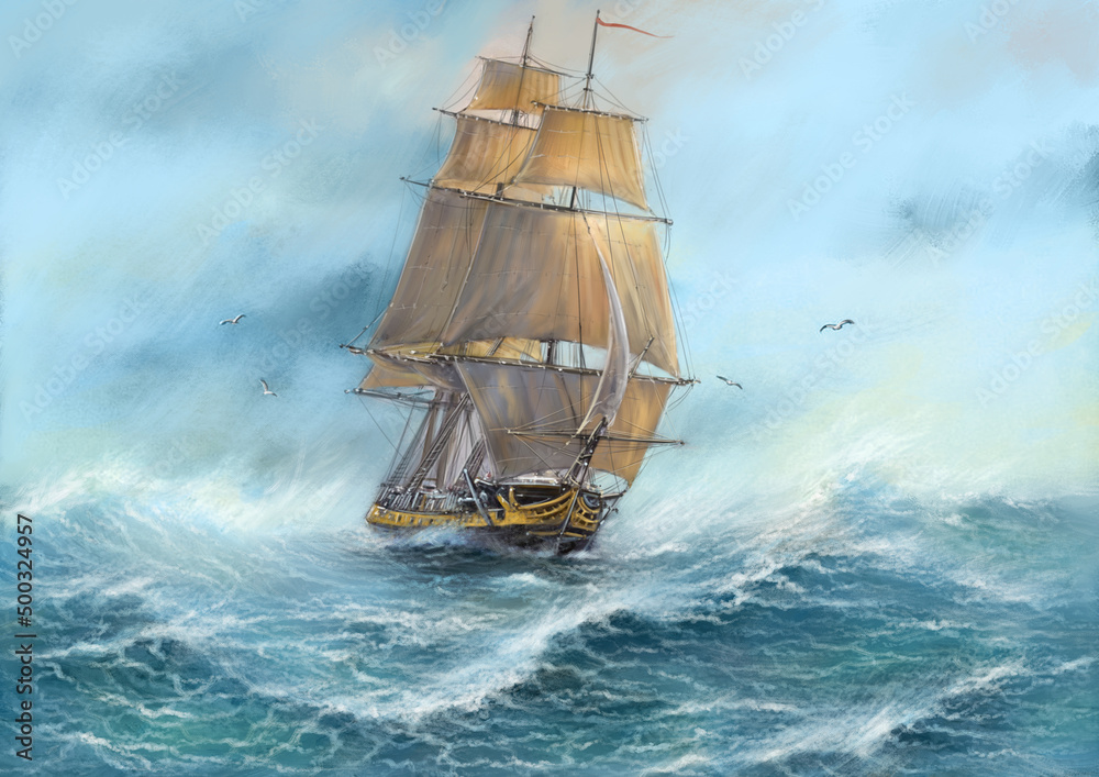 Old sailing ship in the ocean. Oil paintings landscape, fisherman ...