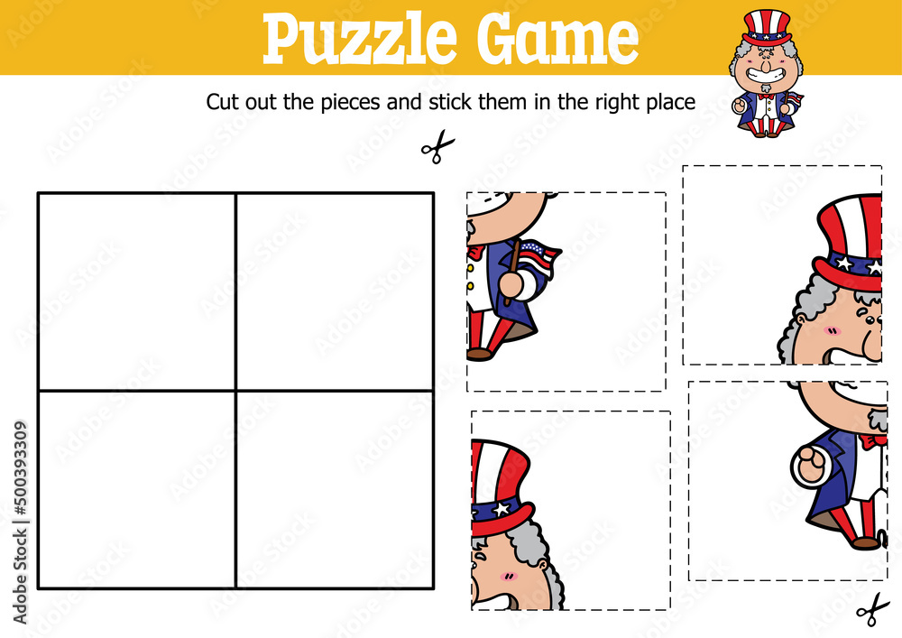 Vector educational kids puzzle game to cut and stick pieces with ...