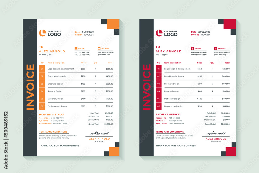 Corporate invoice template layout design, payment agreement design ...