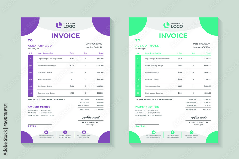 Corporate invoice template layout design, payment agreement design ...