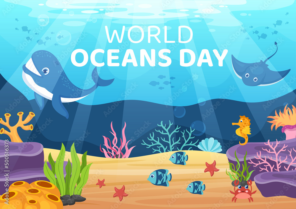 World Ocean Day Cartoon Illustration with Underwater Scenery, Various ...