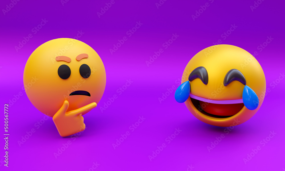3d rendering illustration, two emoticons, one with a thinking face and ...