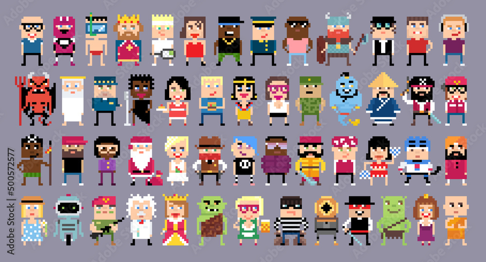 Set of cartoon pixel characters. Vector illustration in pixel art 8-bit ...