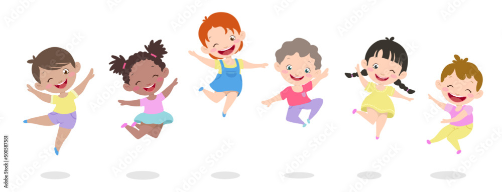Happy boy and girl kids in a world jumping together vector illustration ...