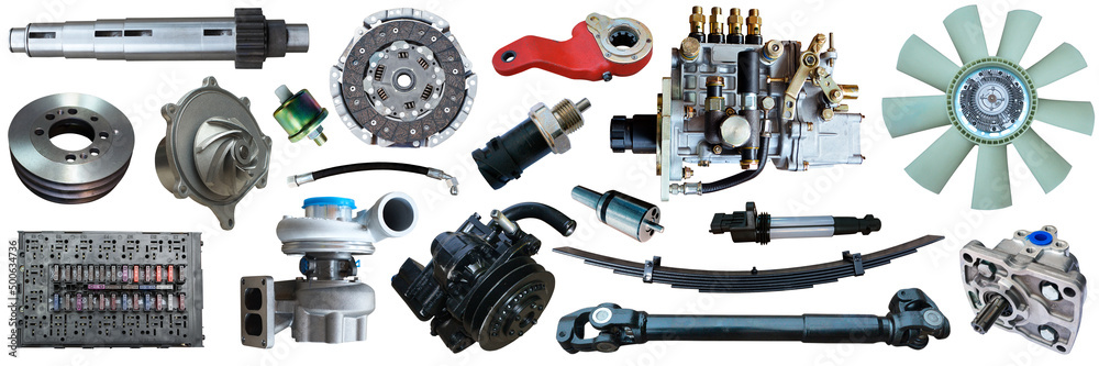 Auto parts on a white background. A set with many isolated items for a ...