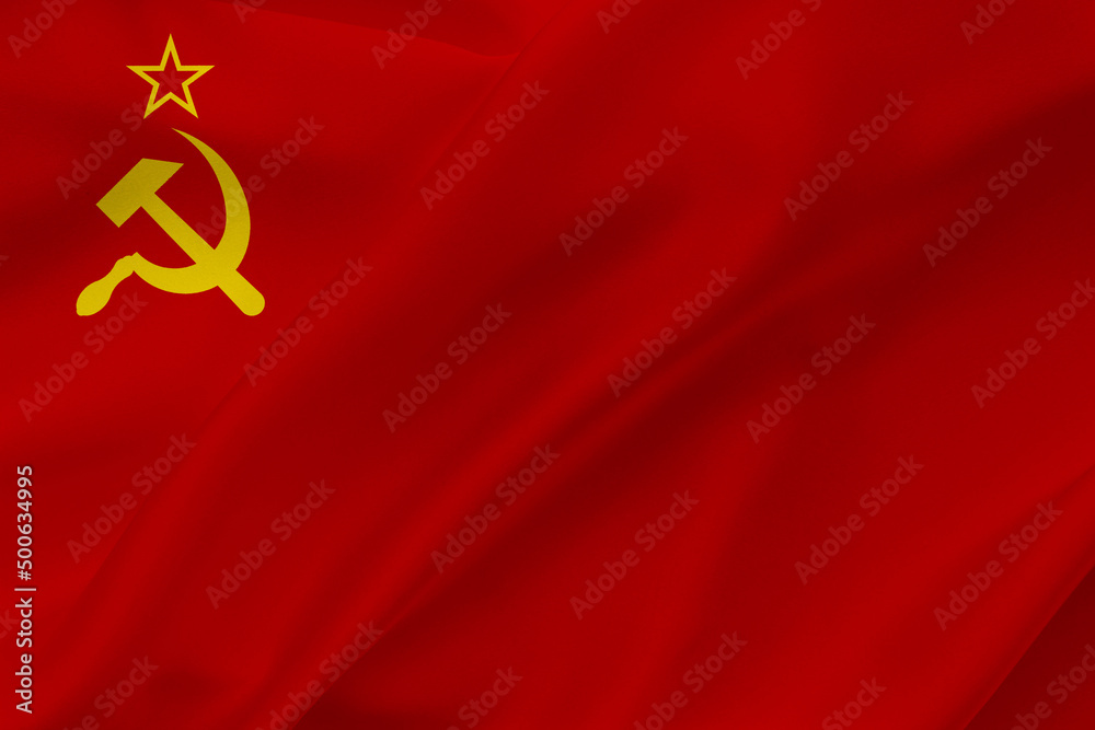 USSR flag on waving silk background. Fabric texture design. Historical ...