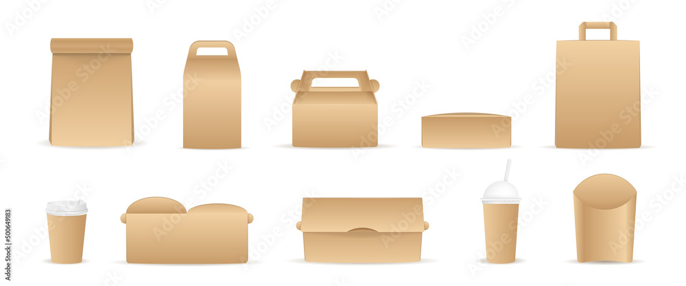Paper packaging set. Collection of brown packaging for food and drinks ...