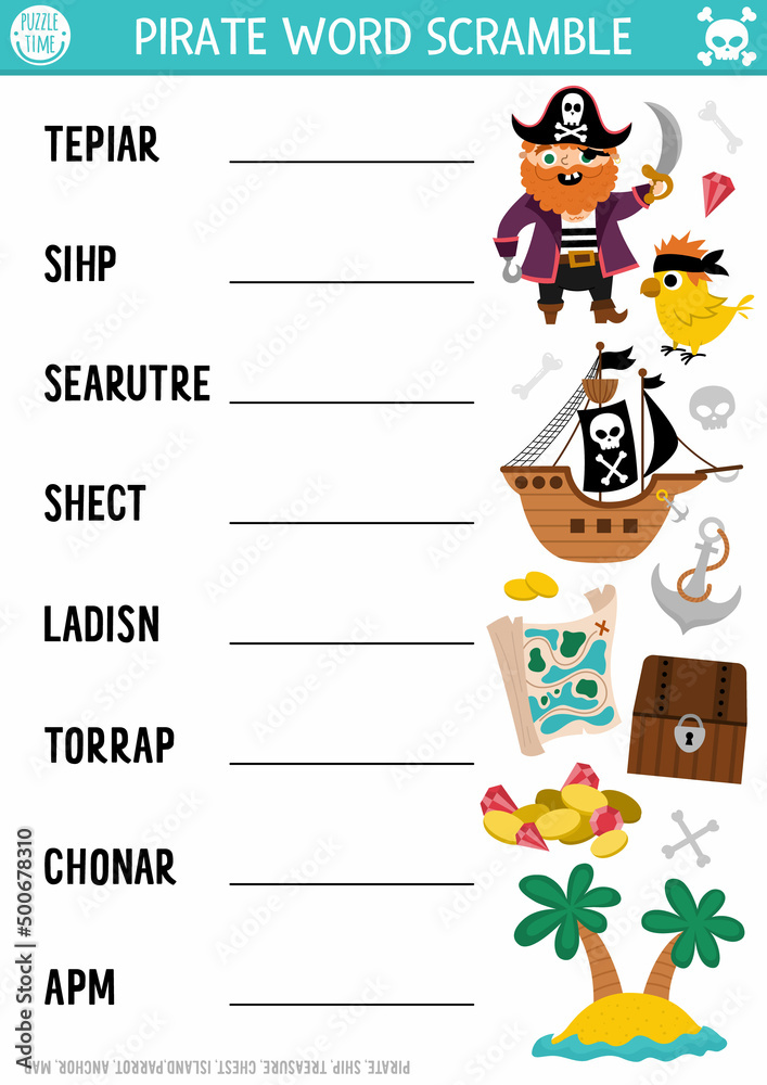 Vector pirate word scramble activity page. English language game with ...