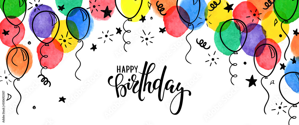 birthday banner. frame hand drawn cartoon watercolor balloons symbols ...