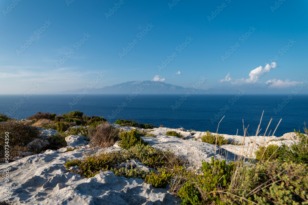 Skinari Lighthouse located at the northern cape of Zakynthos island in ...