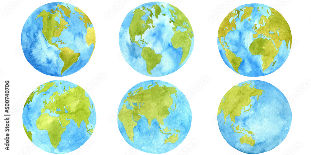 Watercolour set Planet Earth isolated on white background. Symbol of ...