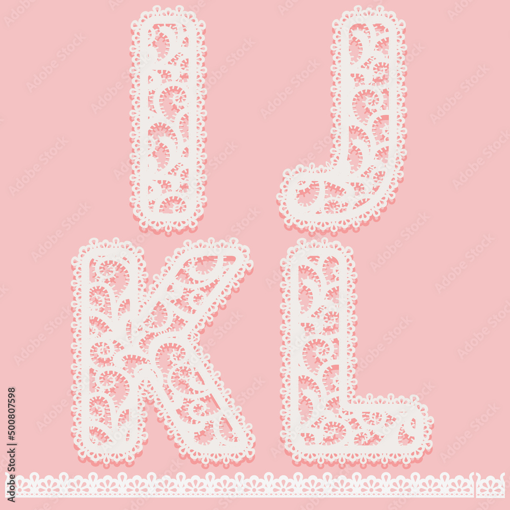 Letters I, J, K, L written of white lace isolated on pink background ...