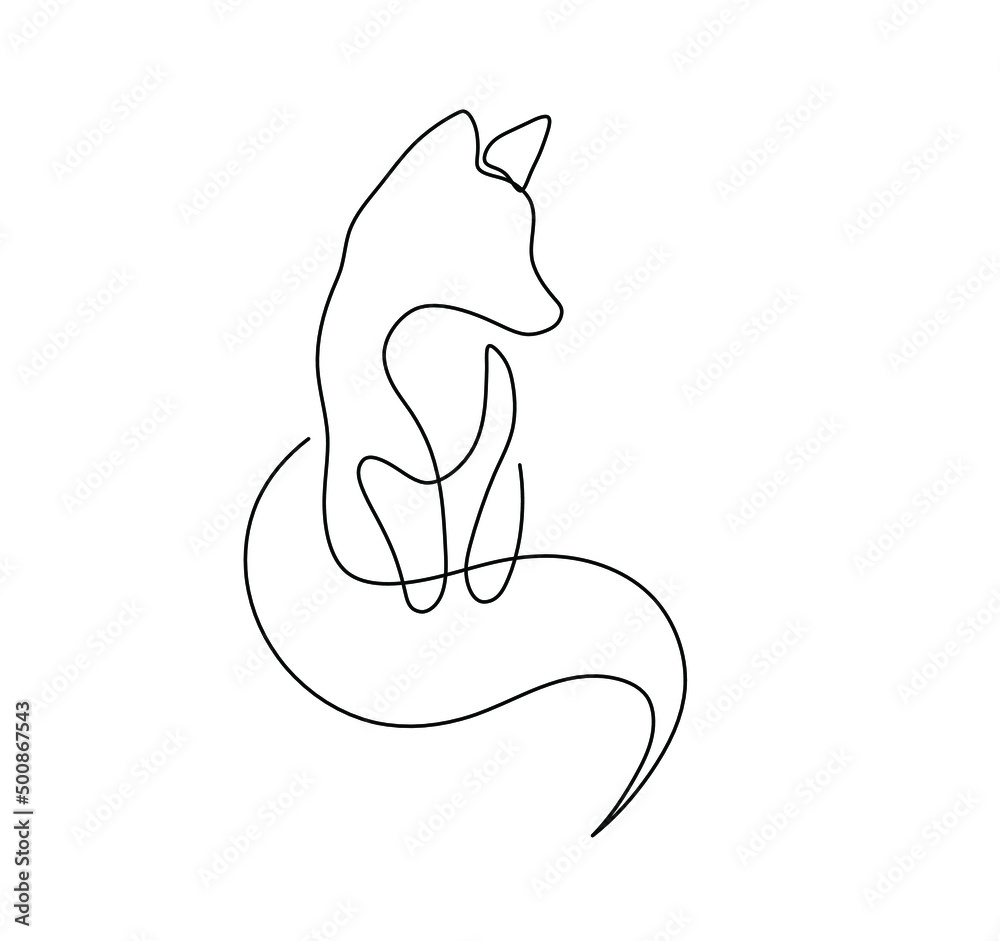 Vector isolated sitting fox with long tail one line single line graphic ...