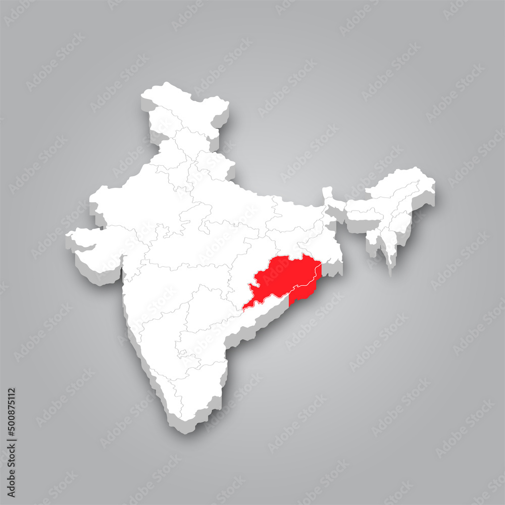 Vector de Stock 3D Map of India and the Location of the State of Odisha ...