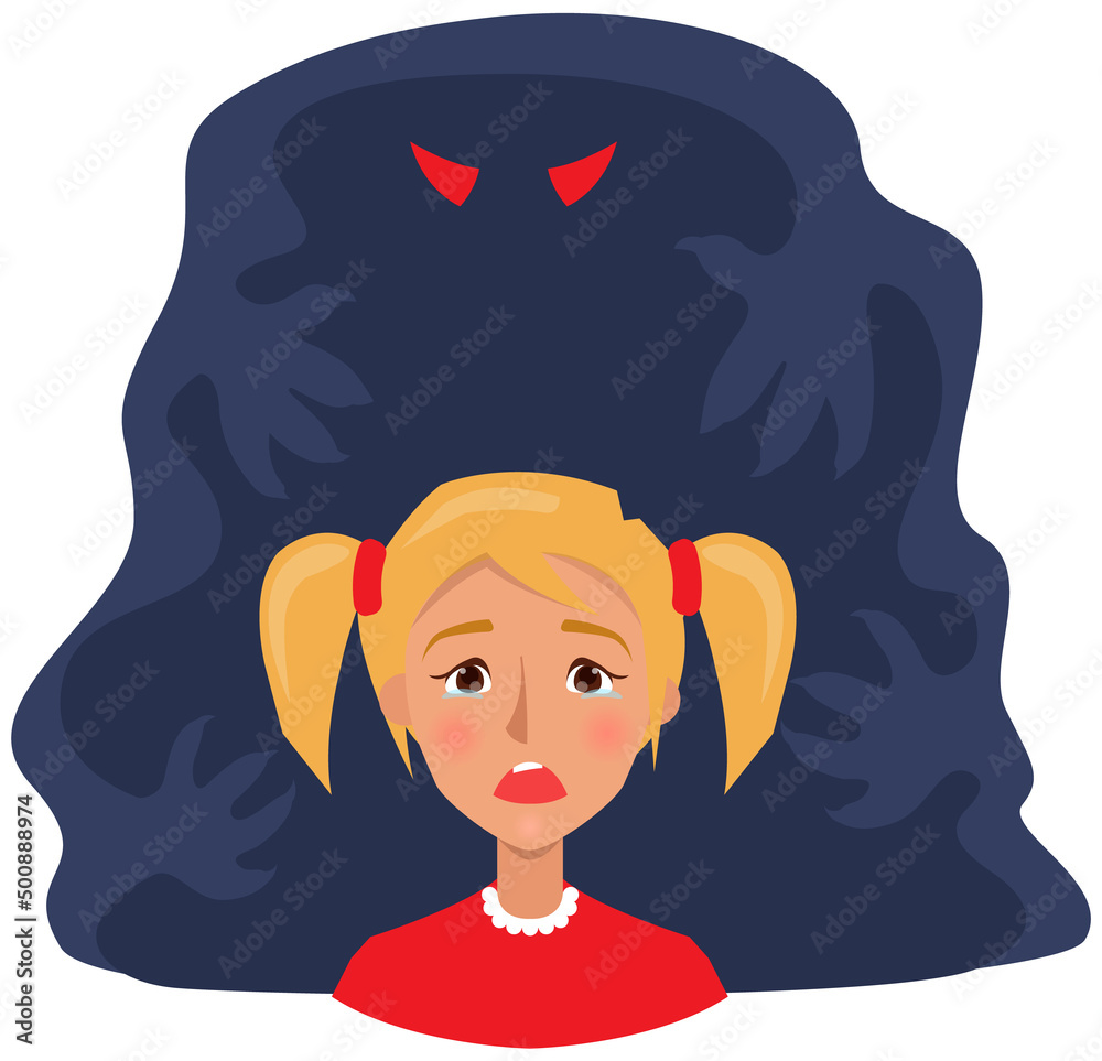 Fear of darkness concept. Upset girl scared of spooky monster from ...