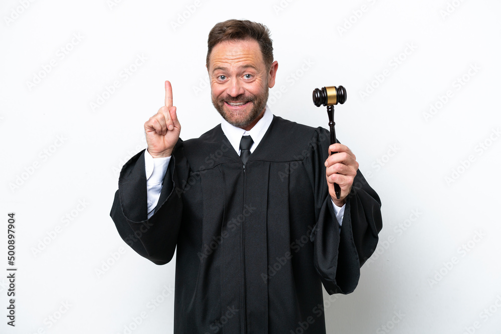 Middle age judge man isolated on white background showing and lifting a ...