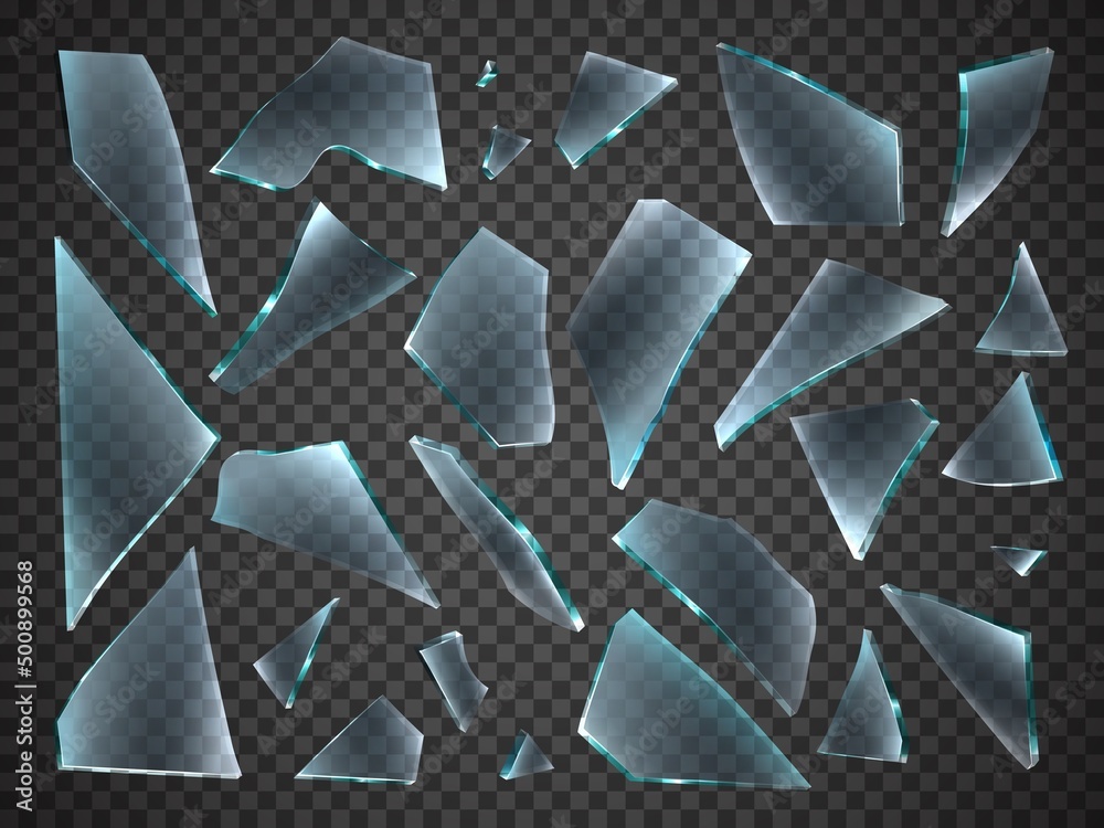 Broken glass shards. Realistic different random shapes pieces. 3D sharp ...