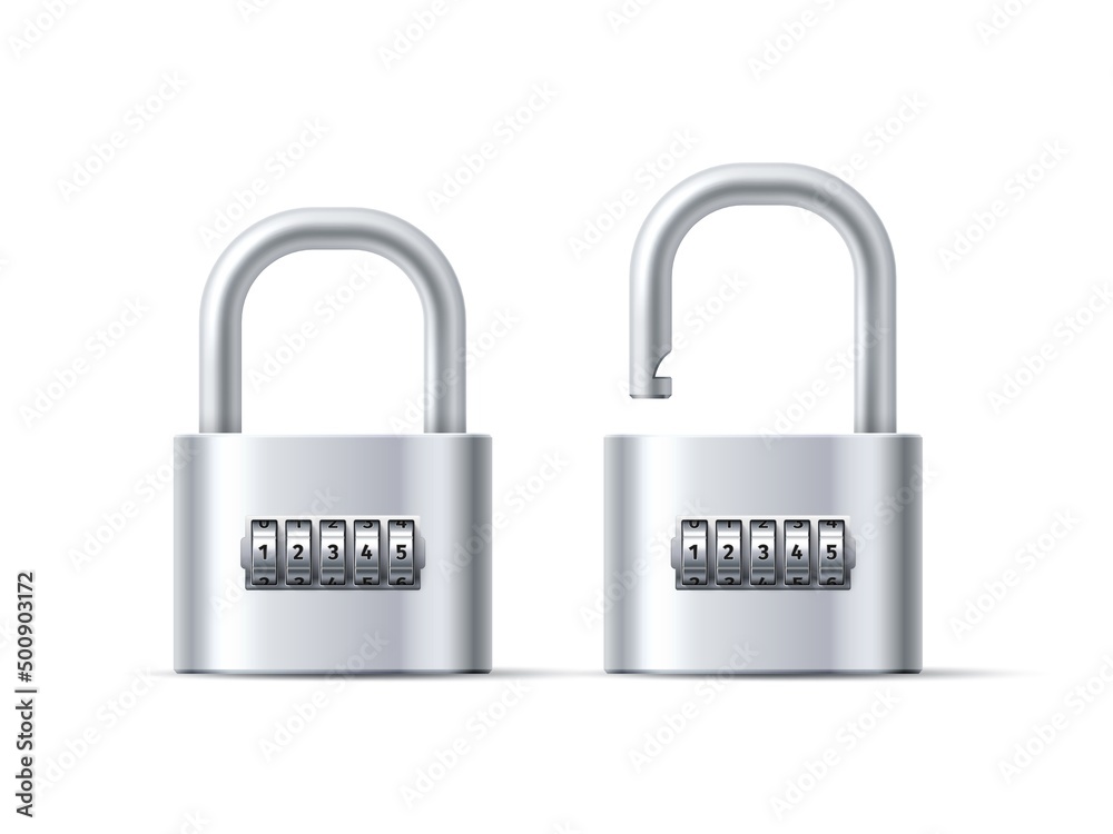 Padlocks combination. Realistic locks. Opened and closed. Protective ...