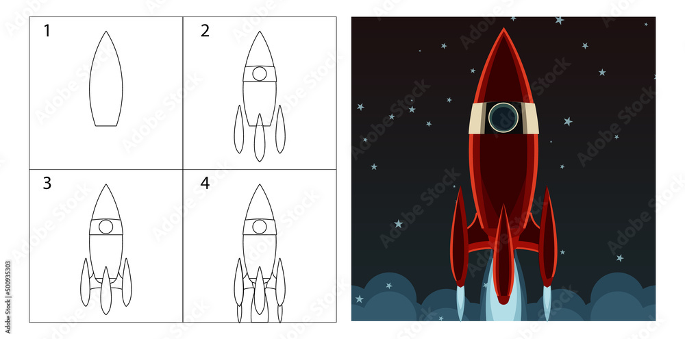lesson on how to draw a space rocket step by step. tutorial with ...
