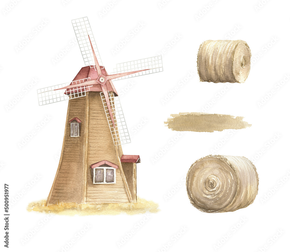 Watercolor clipart set isolated on white background. Windmill ...