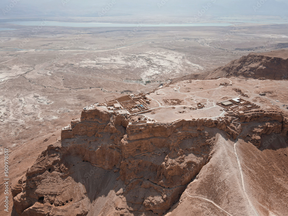 Aerial view of ruins of fortress Masada National Park, Southern ...