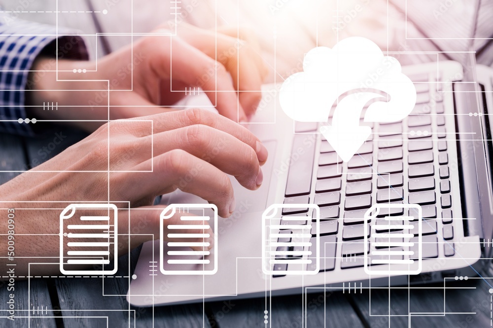 digital documents icons. Keyboard and data files sharing with cloud ...