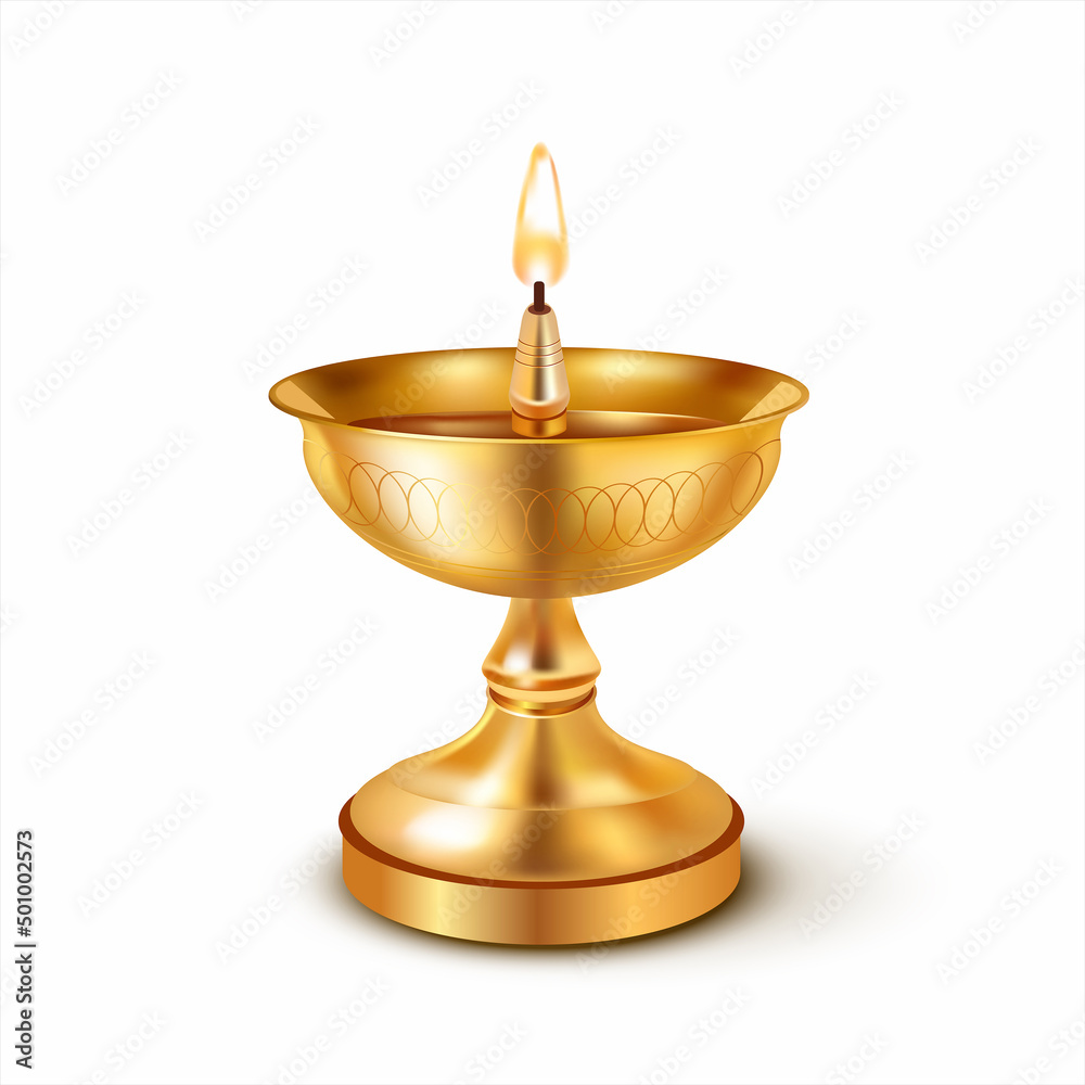 Indian gilded diya (oil lamp) isolated on white. Traditional element of ...