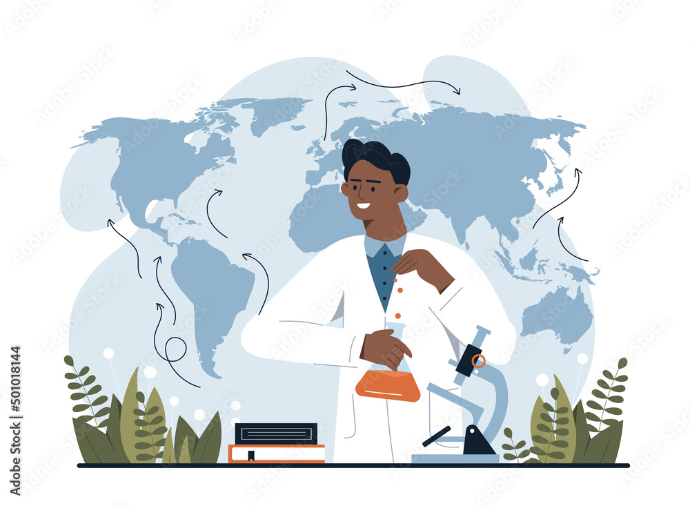 Hydrologist occupation concept. Man with flask in hands against ...