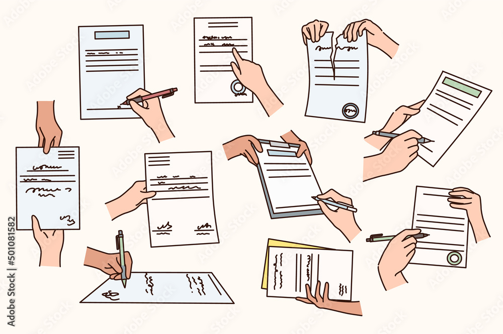 Set of diverse people hands put signature close contract or make ...