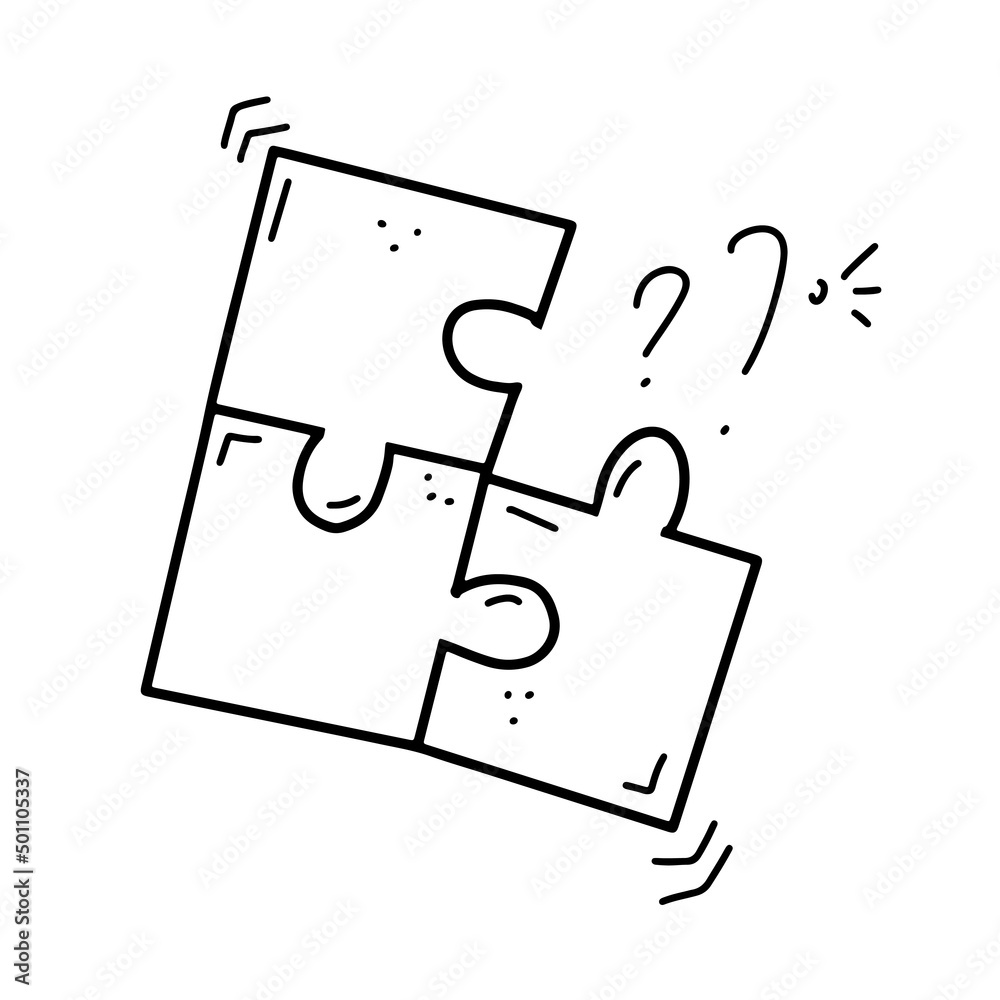 Doodle missing puzzle with question mark. Black vector illustration ...