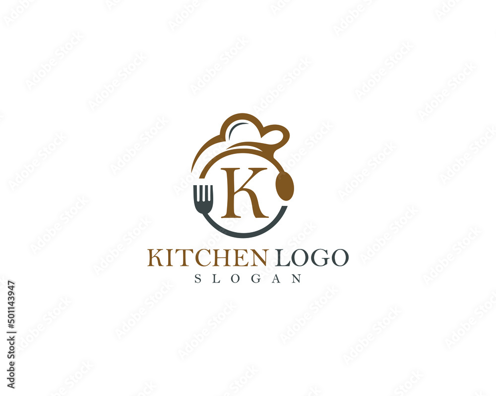 Abstract letter K kitchen, restaurant logo design, spoon and fork icon ...