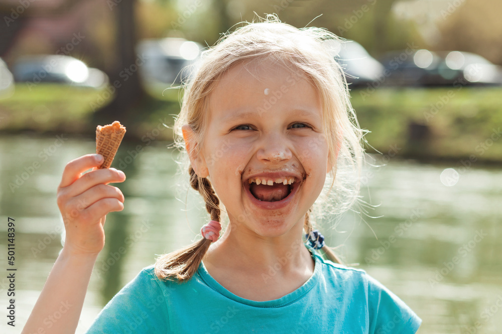 Ice cream Brings Enjoy to Children. Happy Child Eating Ice cream cone ...